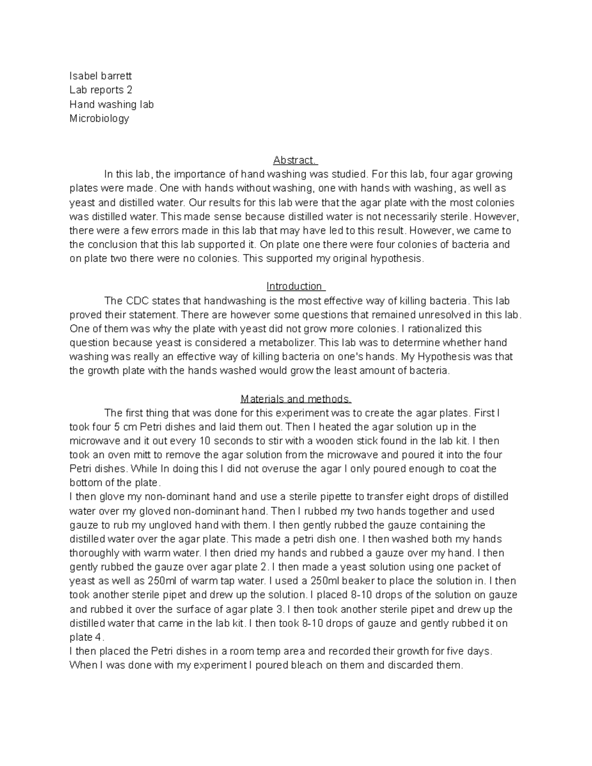 Microbiology Lab Report 2: Effectiveness of Hand Washing on Bacteria ...
