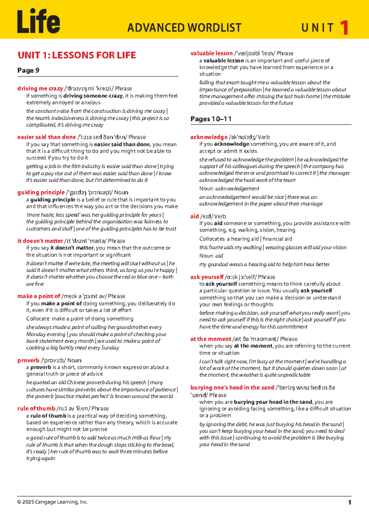 ADVANCED WORDLIST UNIT 1: LESSONS FOR LIFE Vocabulary Guide - Studocu
