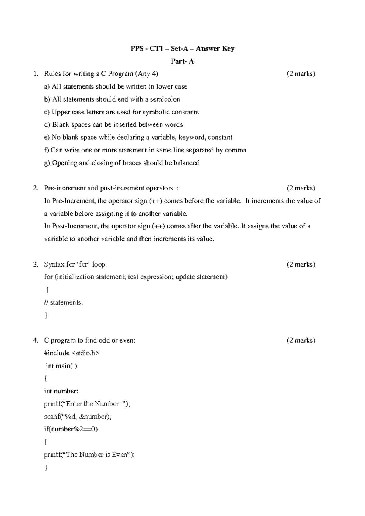 PPS CT1 Answer Key: C Programming Rules, Operators, and Binding ...