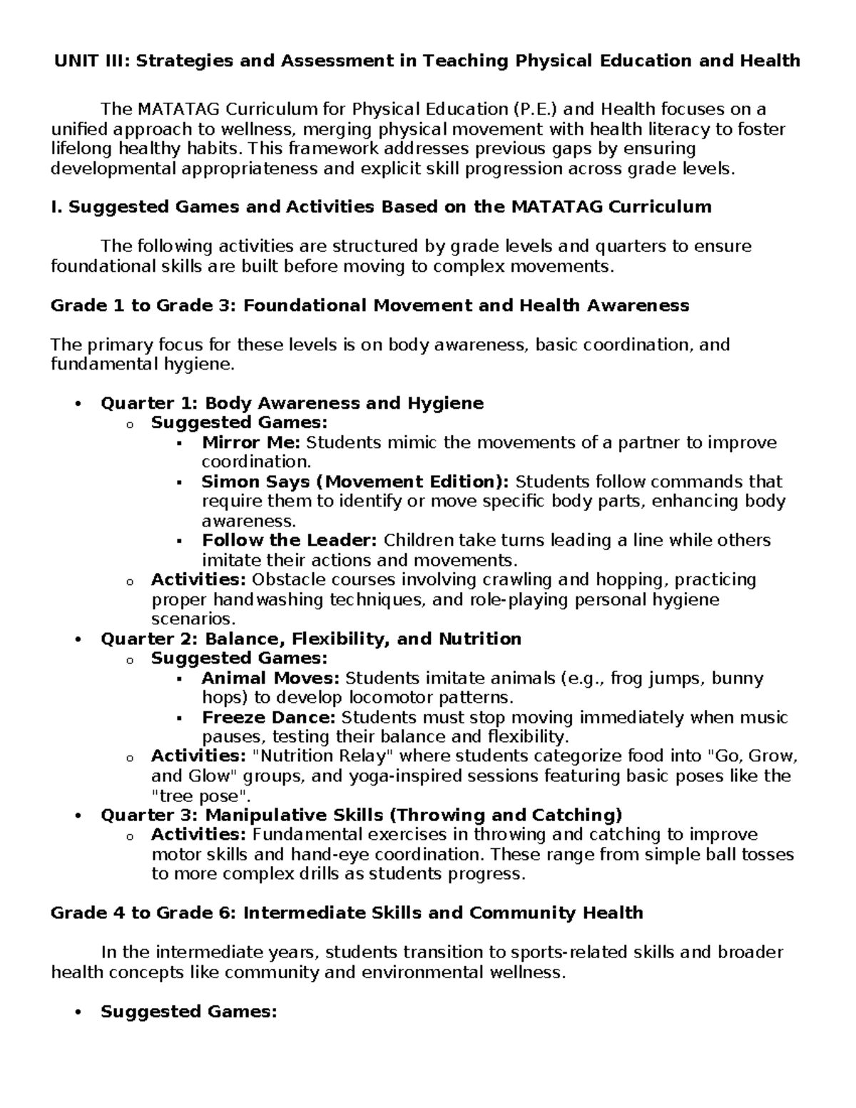 UNIT III: Suggested Games & Assessment in P.E. & Health (MATATAG) - Studocu
