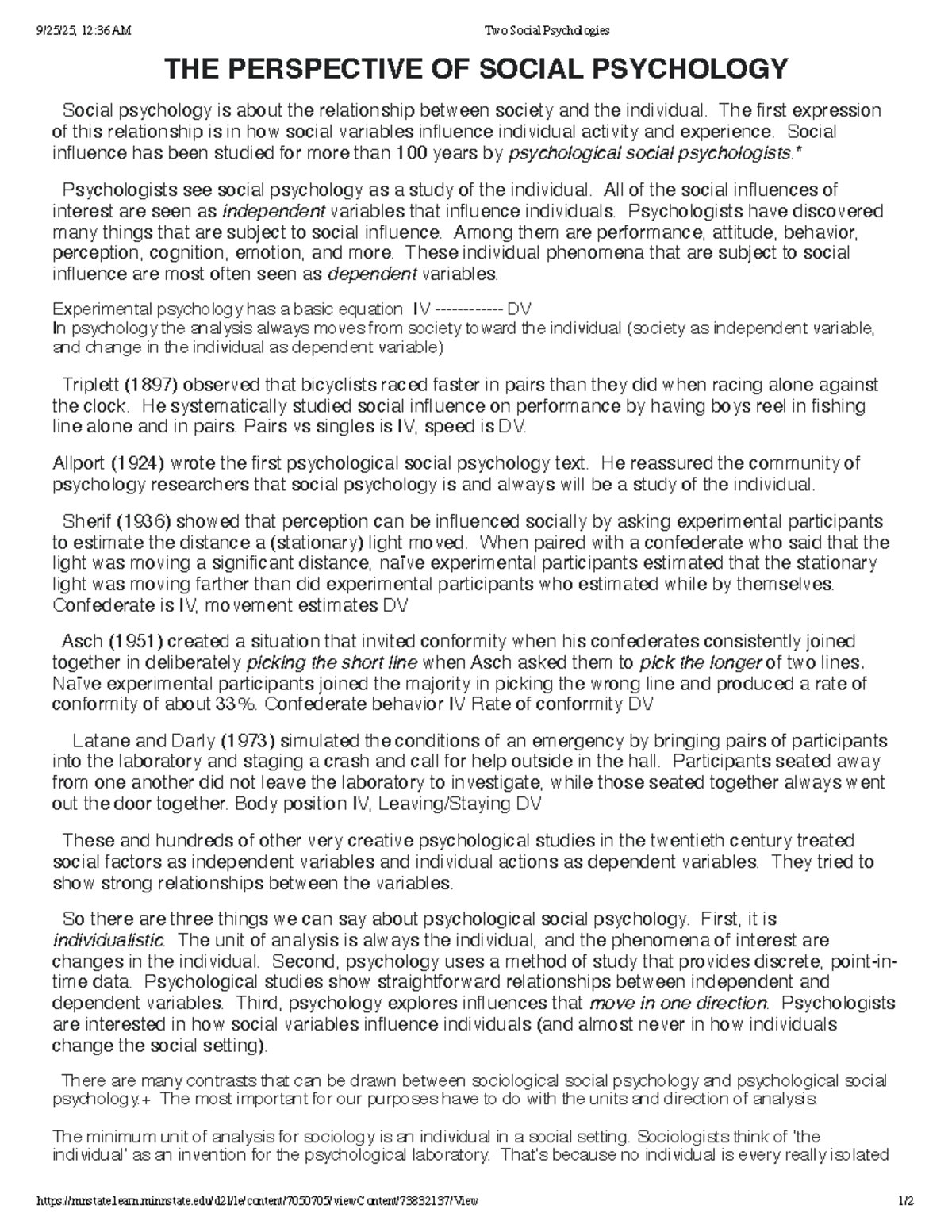 Two Social Psychologies - Fa25 SOC 120-01 Social Psych Overview - Studocu