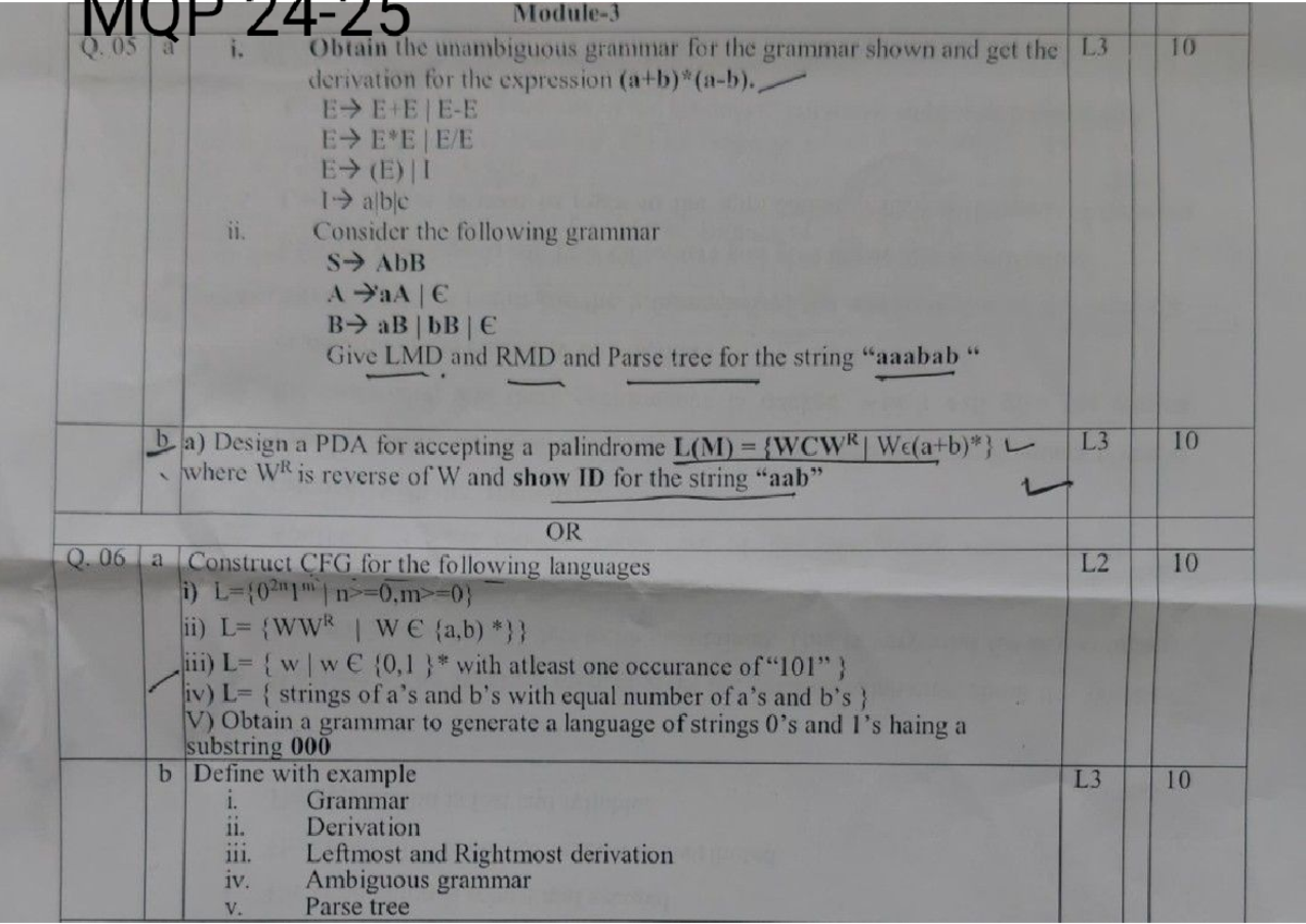 MQP L3 10: Unambiguous Grammar, Derivations, and PDA Design - Studocu
