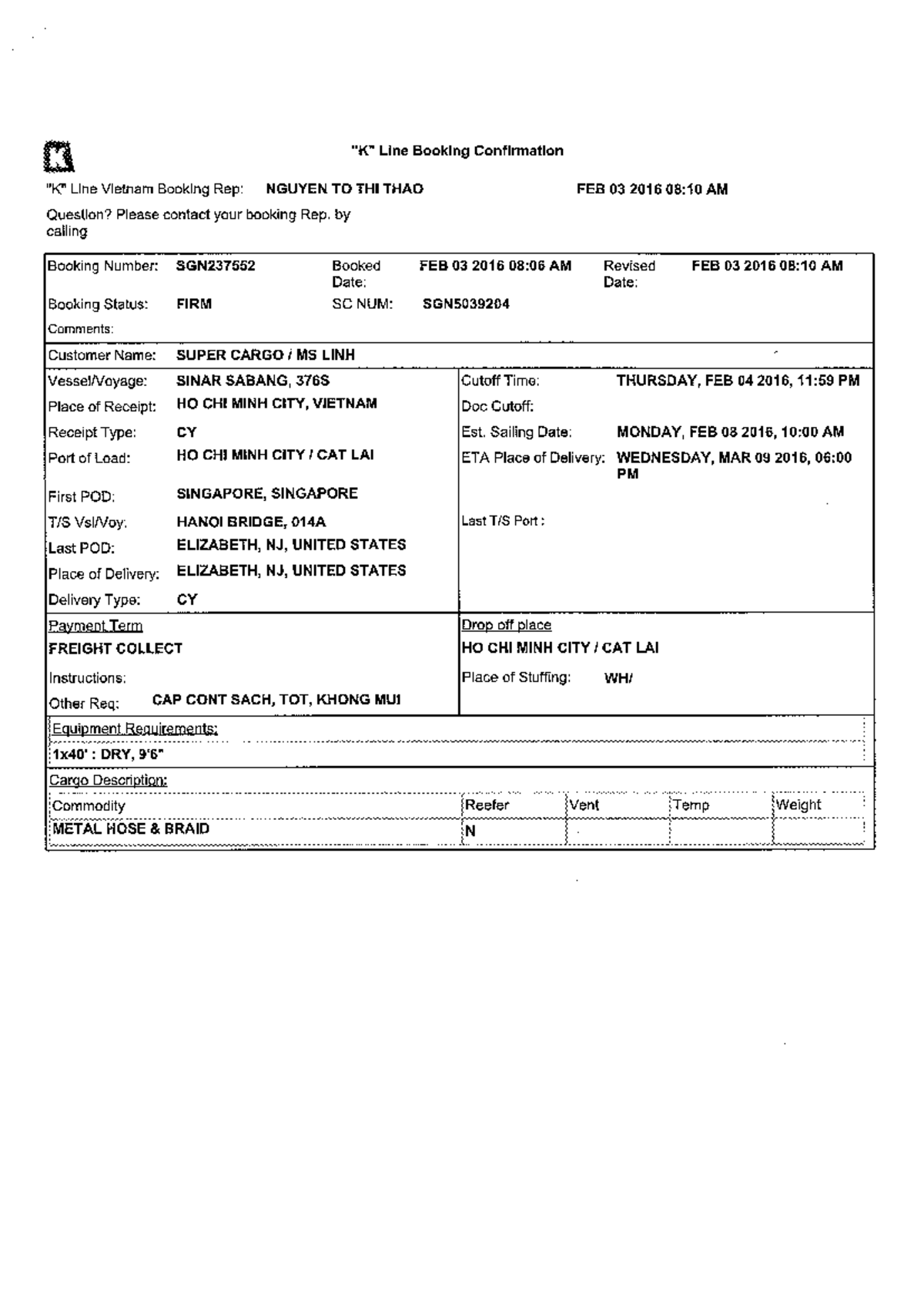 BCT-Booking-Confirmation-K Line-Super Cargo-Metal Hose-Export - Studocu