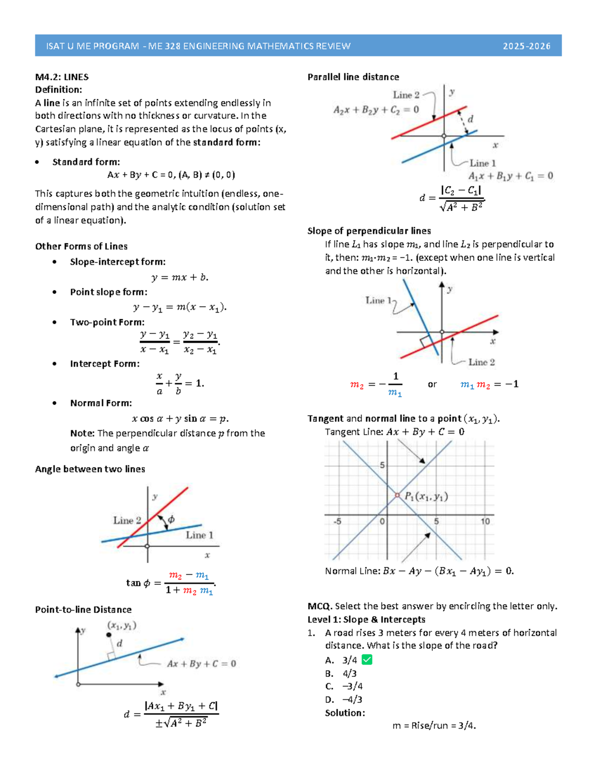 ME 328 Engineering Mathematics Review - Lines and Distances - Studocu