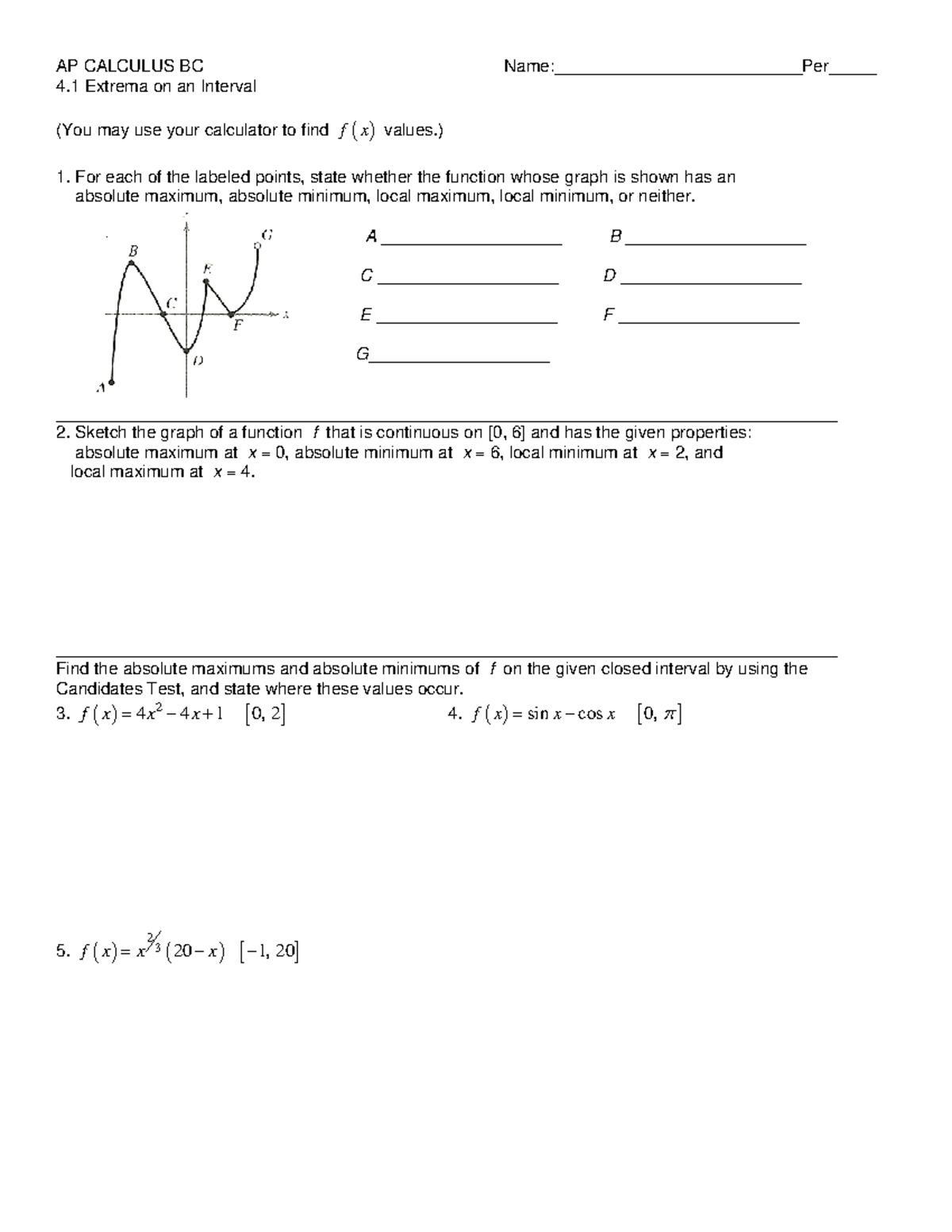 4-1 AP Calc BC: Extrema on an Interval Analysis and Graphing - Studocu