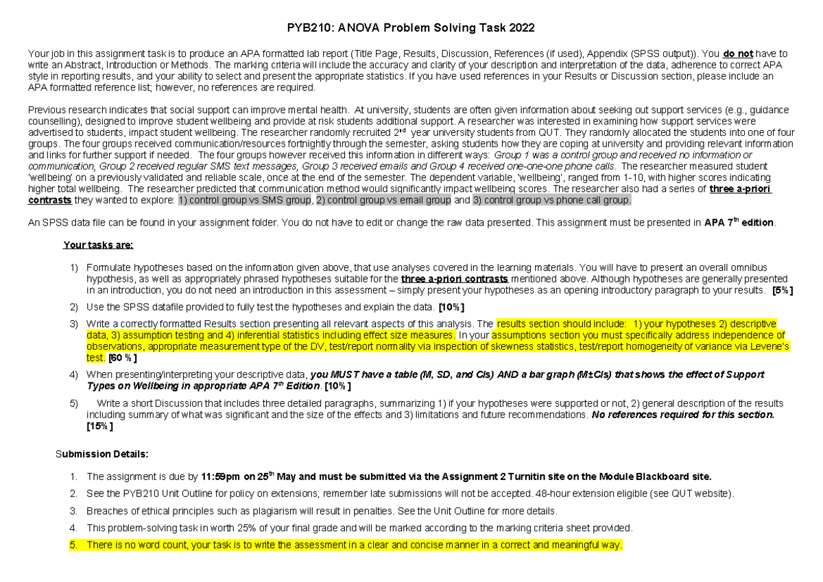 PYB210: ANOVA Lab Report Problem-Solving Task 2022 - Studocu