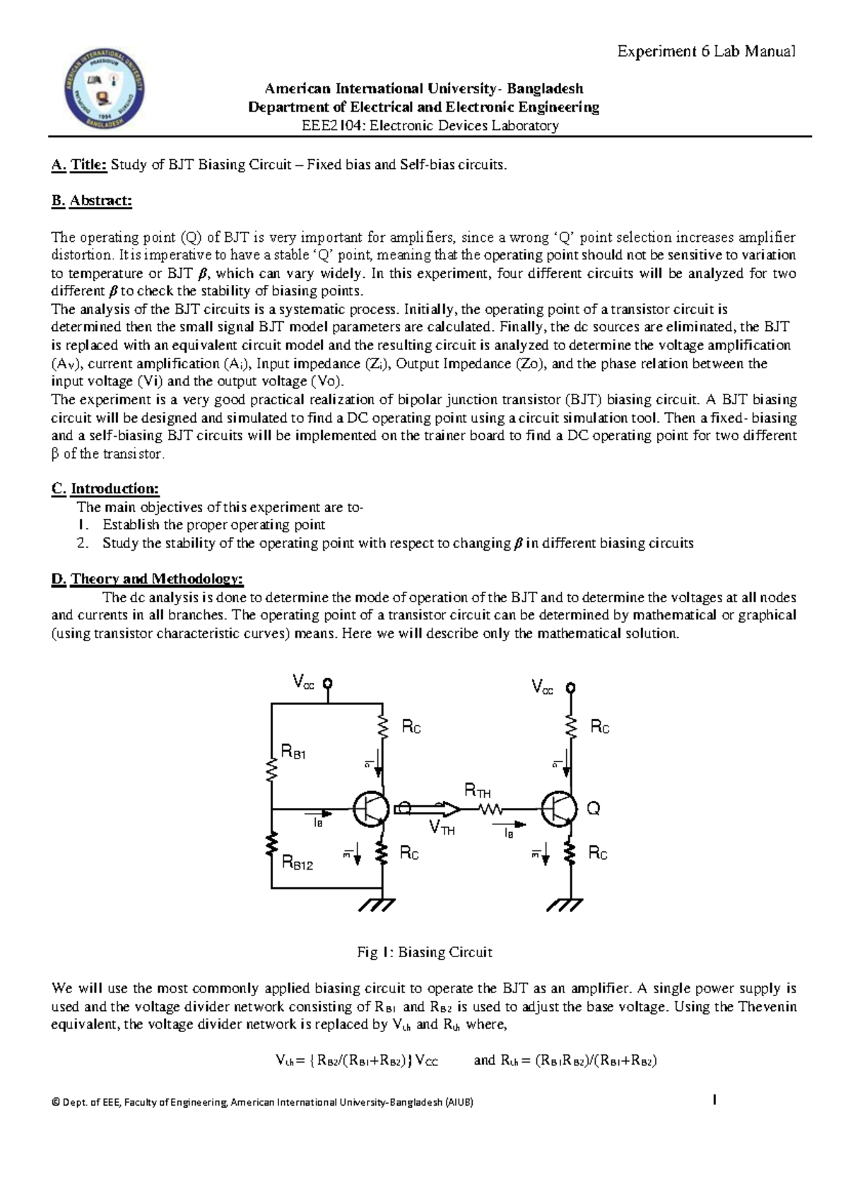 EEE2104 Lab Manual: BJT Biasing – Fixed & Self-Bias Circuit Study - Studocu
