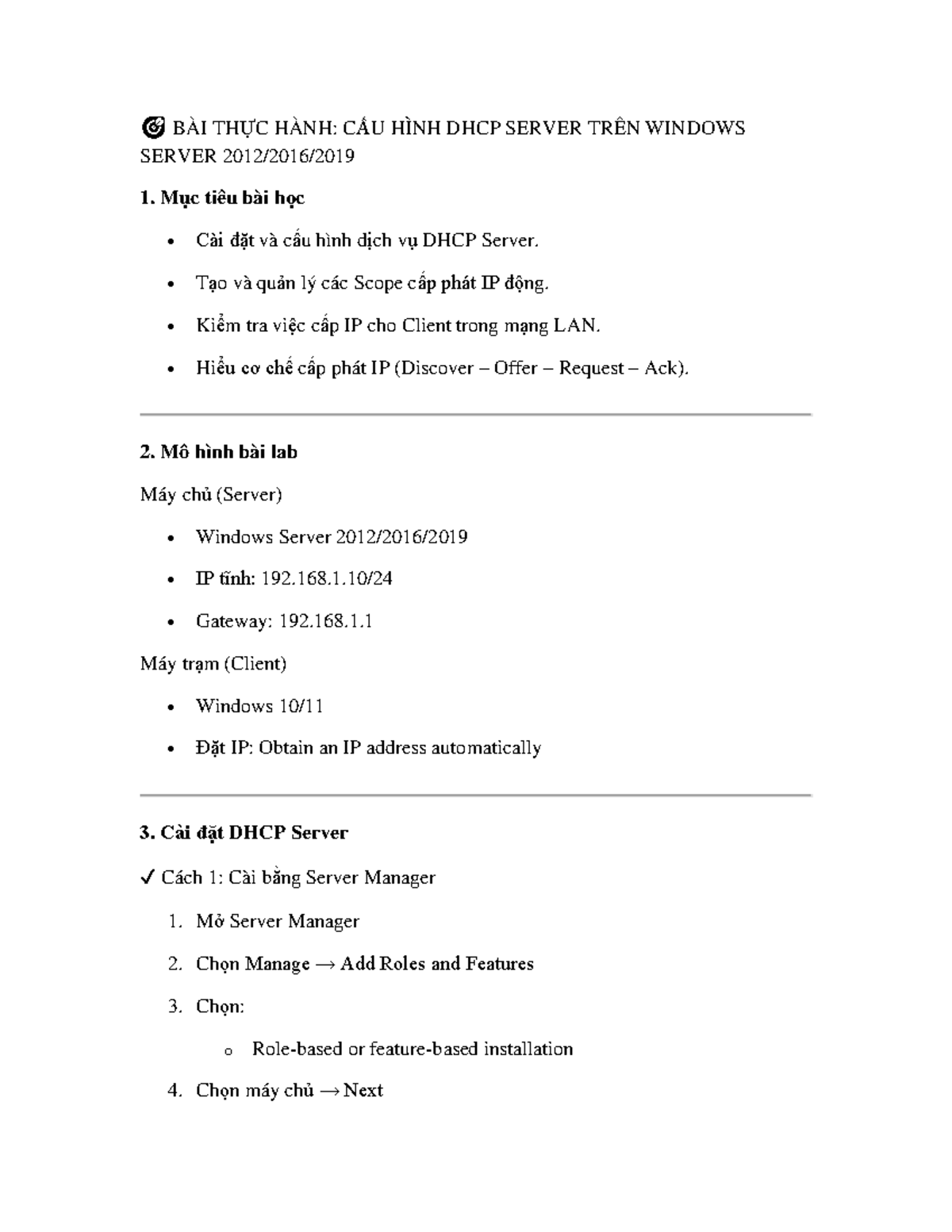 BÀI THỰC HÀNH: CẤU HÌNH DHCP SERVER TRÊN WINDOWS SERVER - Studocu