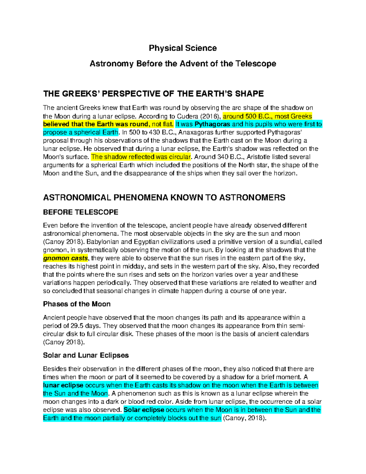Physical Science Astronomy Before the Advent of the Telescope - General ...
