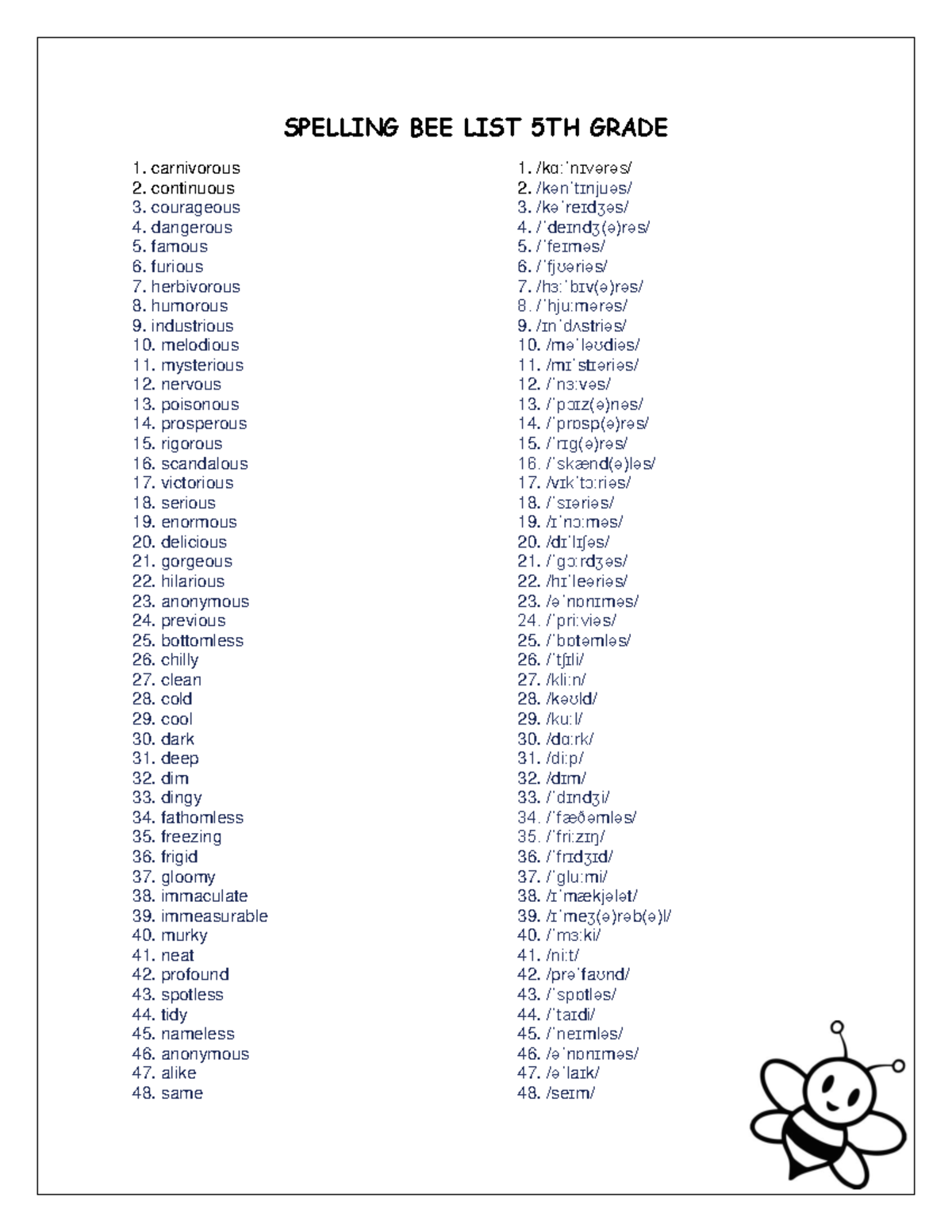 5th Grade Spelling Bee Word List for Comprehensive Learning - Studocu