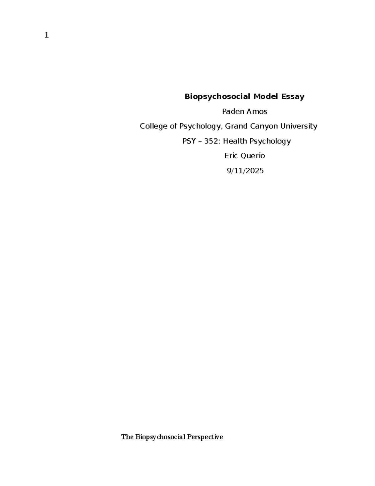 Biopsychosocial Model Essay - PSY 352: Health Psychology - Studocu