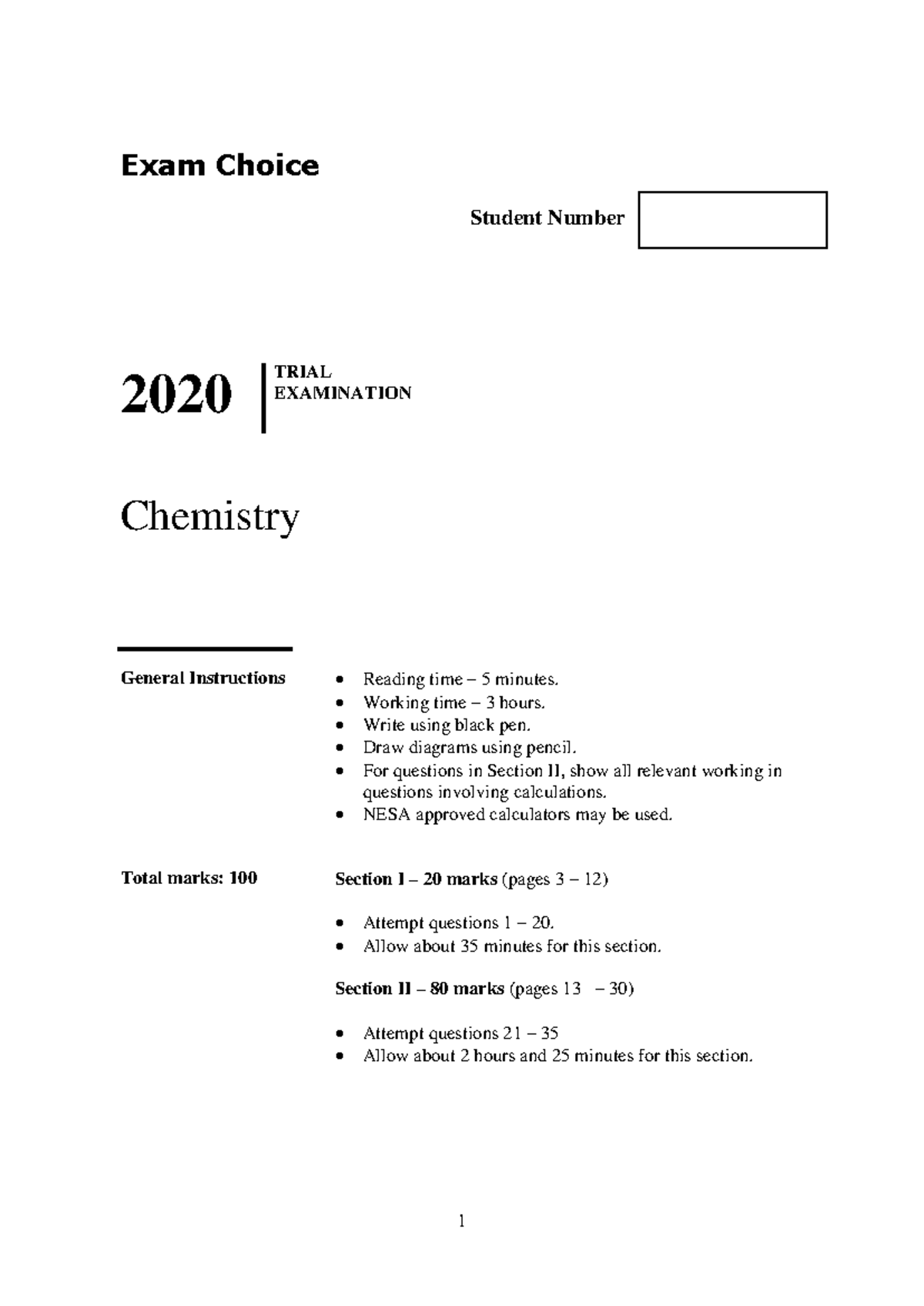 2020 TRIAL EXAMINATION Chemistry Exam Choice (with solutions) - Studocu