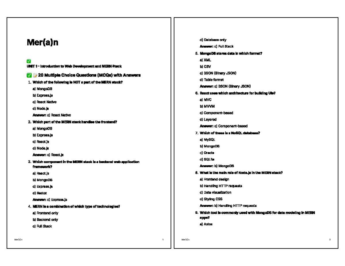 Final Exam: MERN Stack Overview and Key Concepts (CS101) - Studocu
