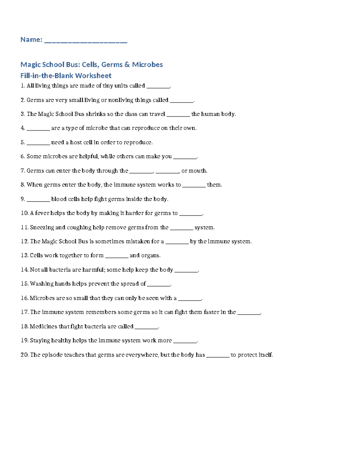 Magic School Bus: Cells, Germs & Microbes Worksheet 1 - Studocu
