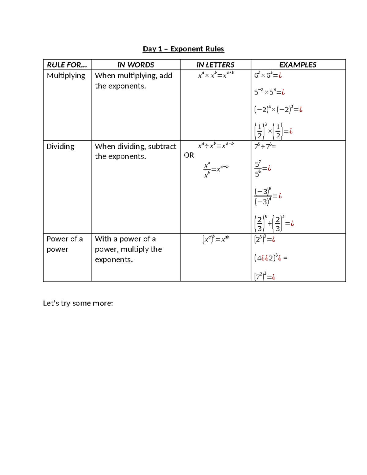 Day 1 Lesson - math - Day 1 – Exponent Rules RULE FOR... IN WORDS IN ...
