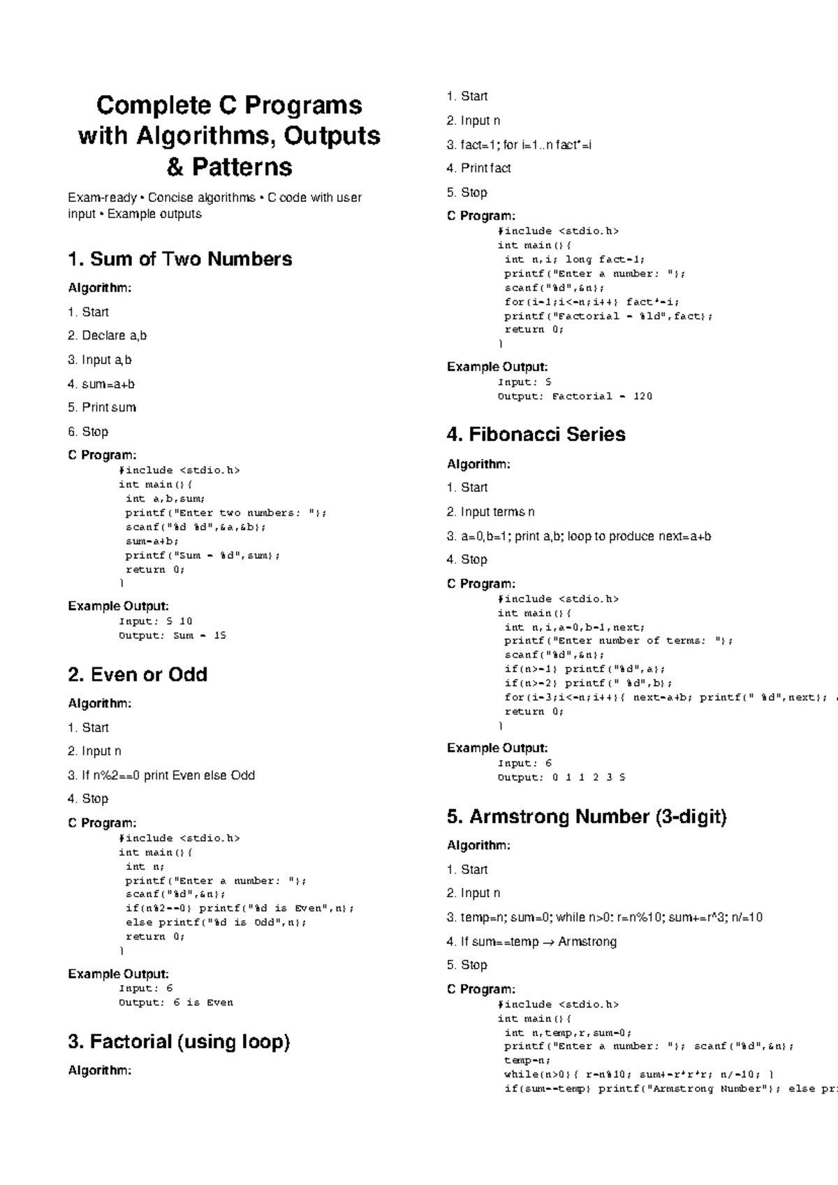 C Programming: Complete Algorithms & Output Patterns Guide - Studocu