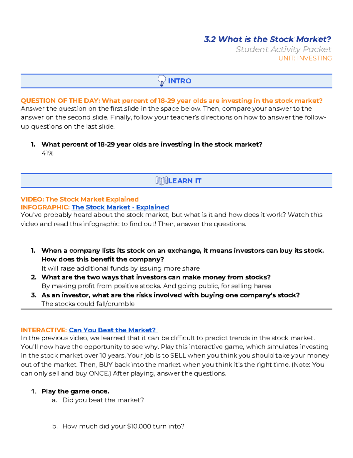 UNIT: INVESTING - 3.2 Student Packet on Stock Market Activities - Studocu