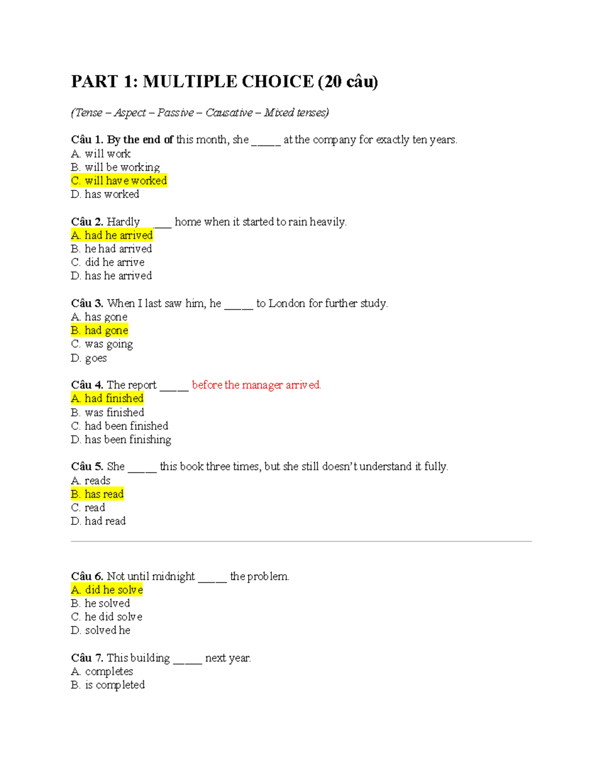 PART 1: MULTIPLE CHOICE (Tense Aspect Passive Causative Mixed Tenses ...