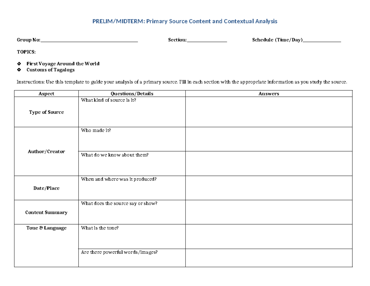 Primary Source Analysis Template: First Voyage & Tagalog Customs - Studocu