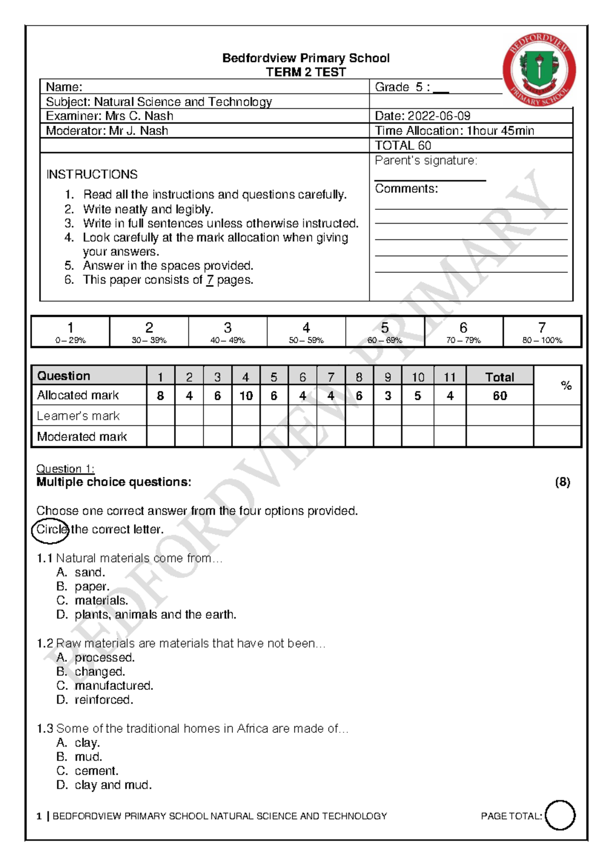 Grade 5 Natural Science & Technology Term 2 Test 2022 - Studocu