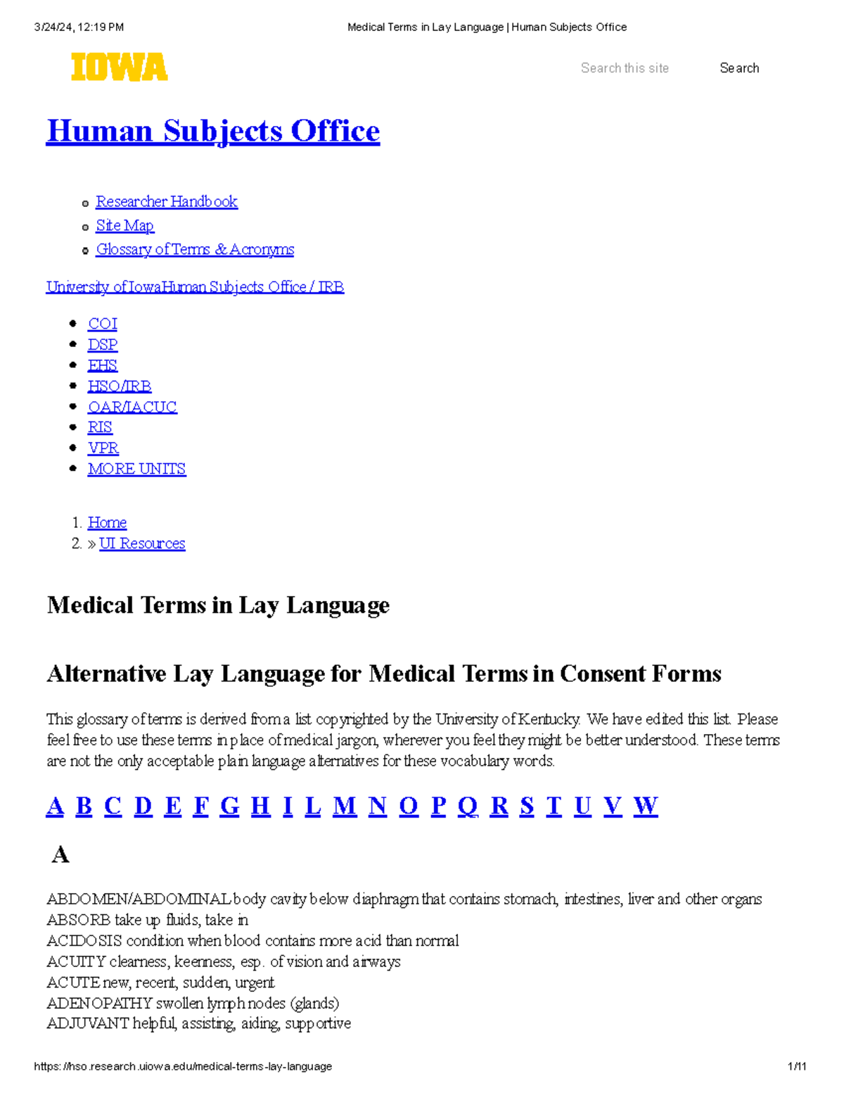 Medical Terms in Lay Language Human Subjects Office - Human Subjects Office Researcher Handbook ...