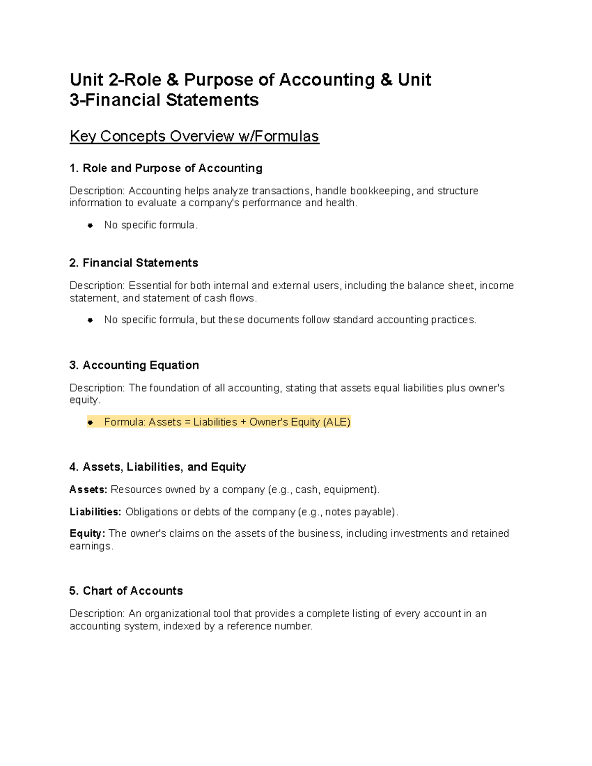 Unit 2 & 3: Accounting Roles, Financial Statements, & Key Formulas ...