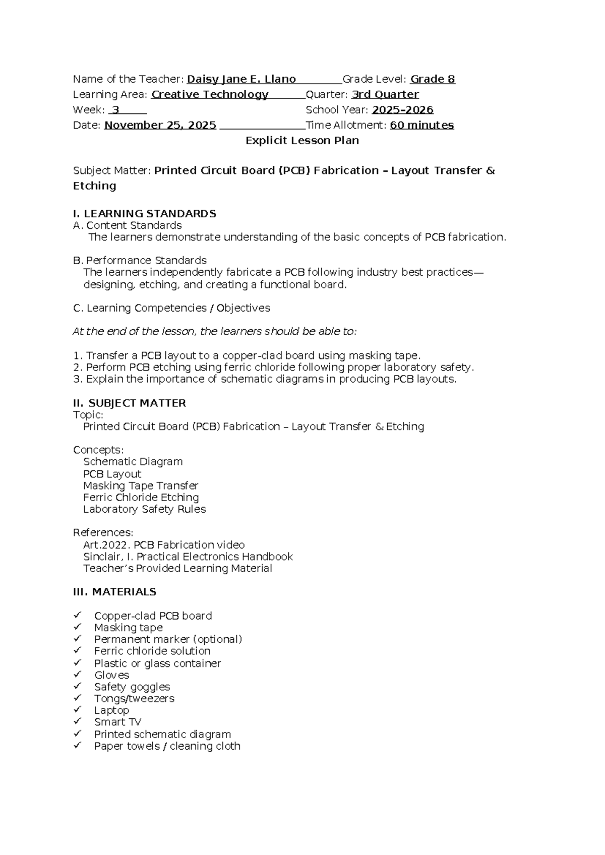 Explicit Lesson Plan: PCB Fabrication & Etching (Grade 8, 3rd Qtr ...