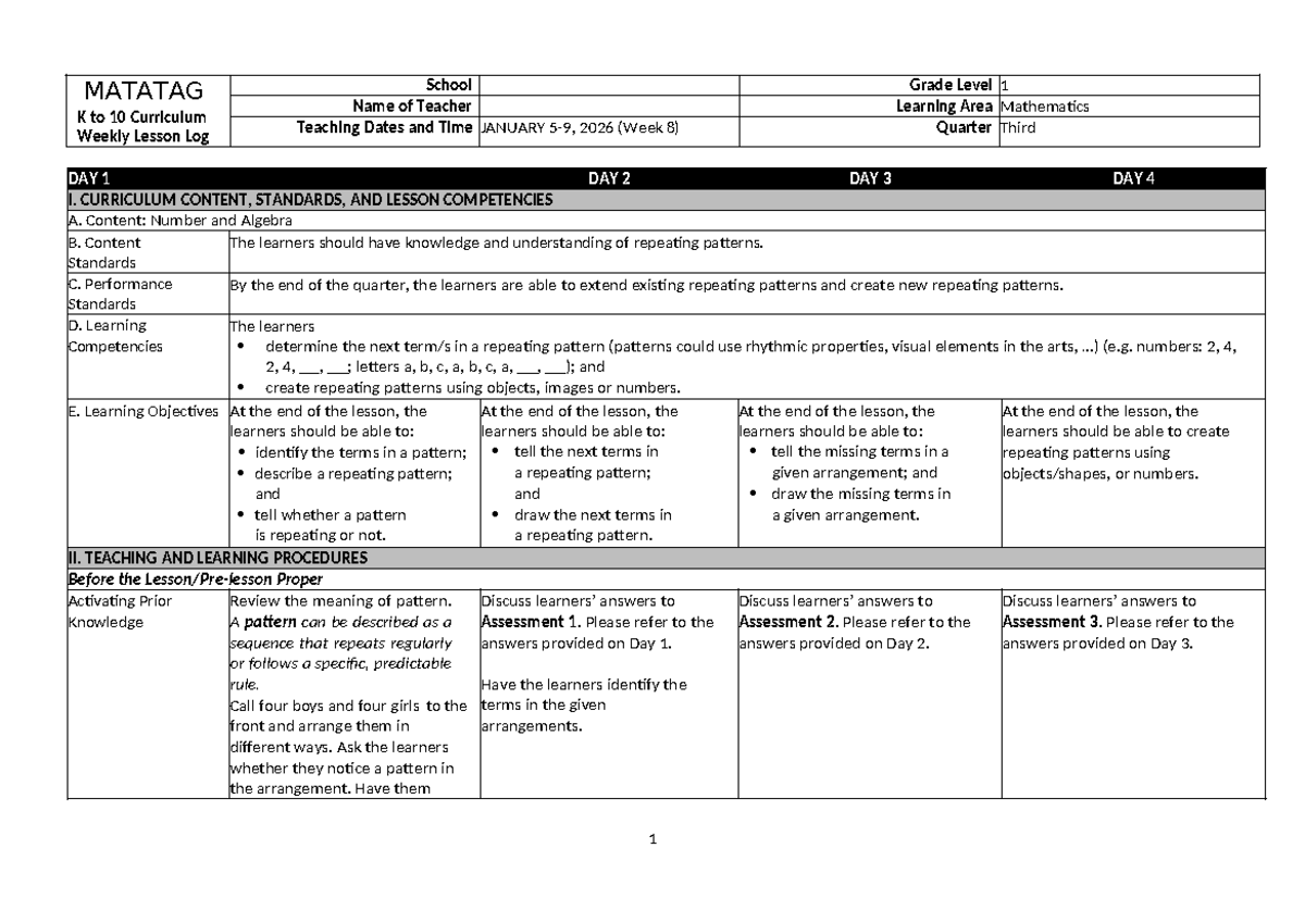 MATH 1 DLL Q3 WEEK 8 - Lesson Plan on Repeating Patterns - Studocu
