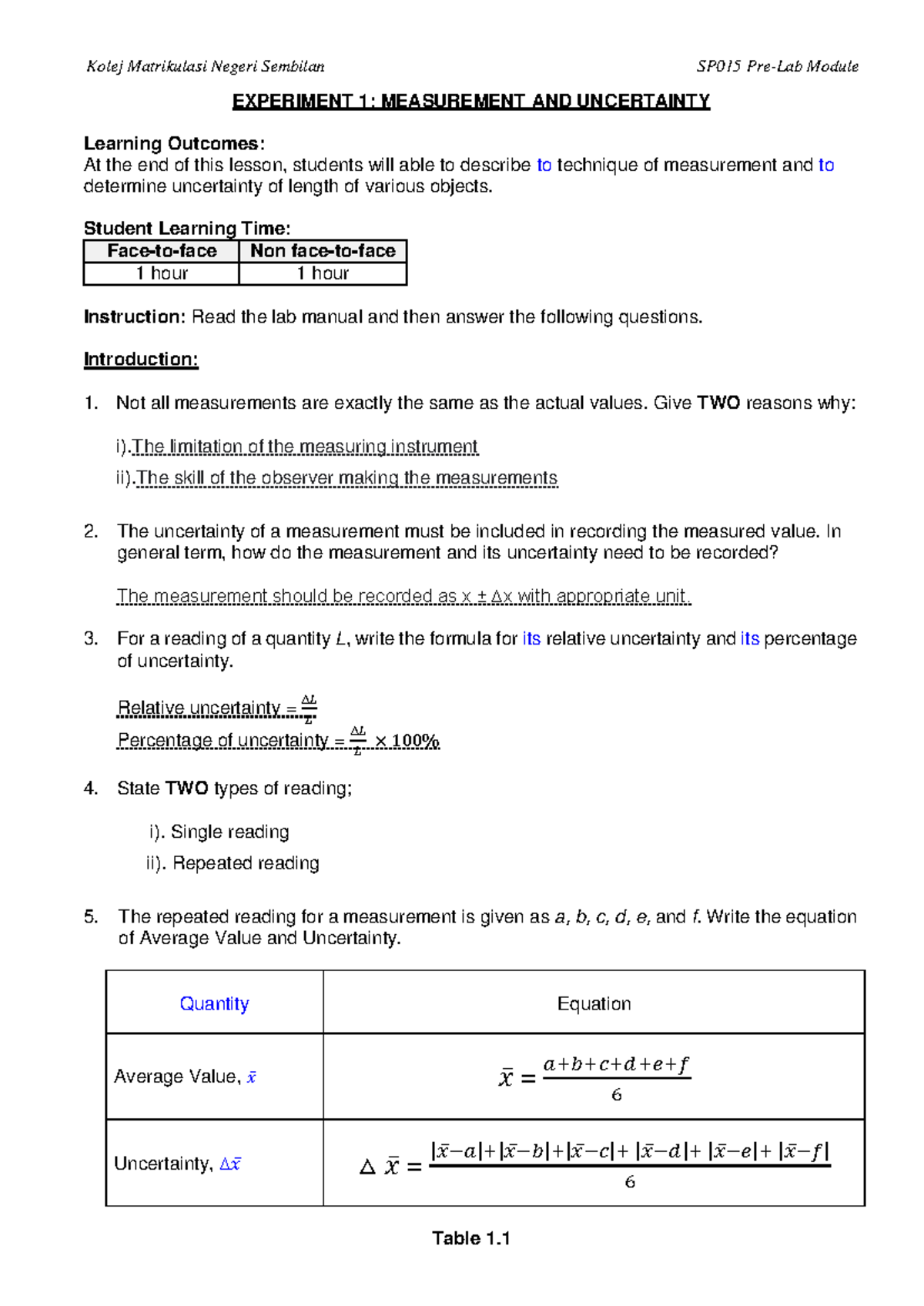 PHY Prelab: Measurement and Uncertainty (EXPT 1) Guide - Studocu