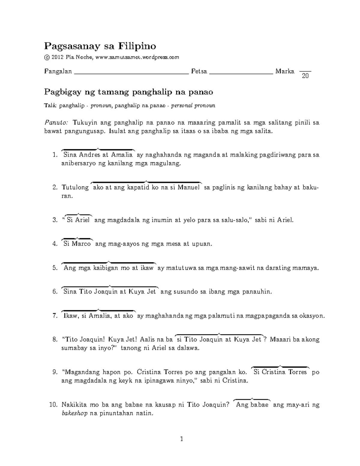 Panghalip na Panao: Pagsasanay at Mga Halimbawa (Filipino 2-1) - Studocu