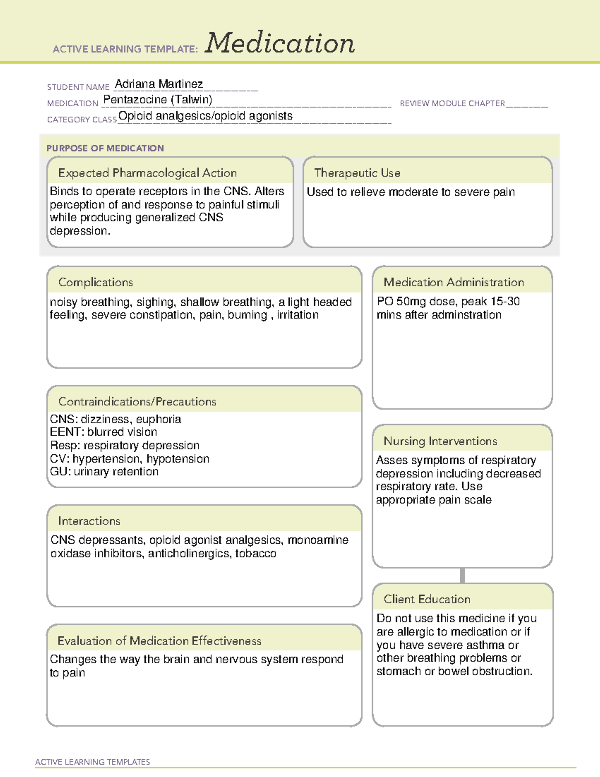 Pentazocine (Talwin) Med Card: Key Pharmacology Details - Studocu
