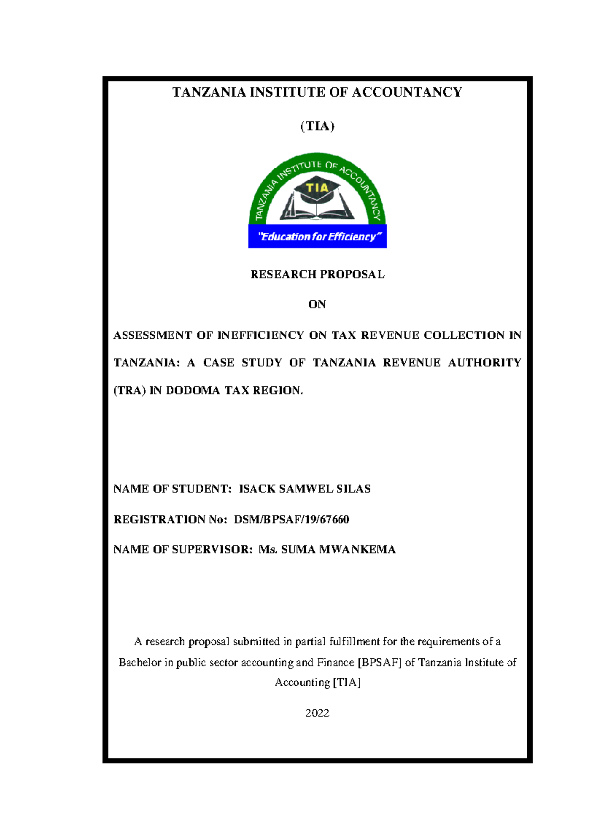 Research Proposal on Tax Revenue Collection Inefficiencies in Tanzania ...
