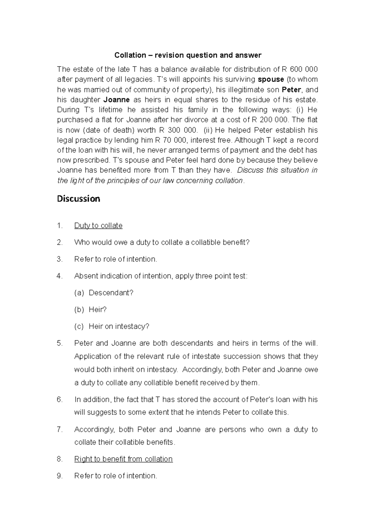 Collation Revision Q&A: Understanding Heirs' Duties and Benefits - Studocu
