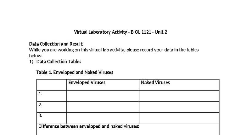 Virtual Lab Activity BIOL 1121 Unit 2: Data Collection & Results - Studocu