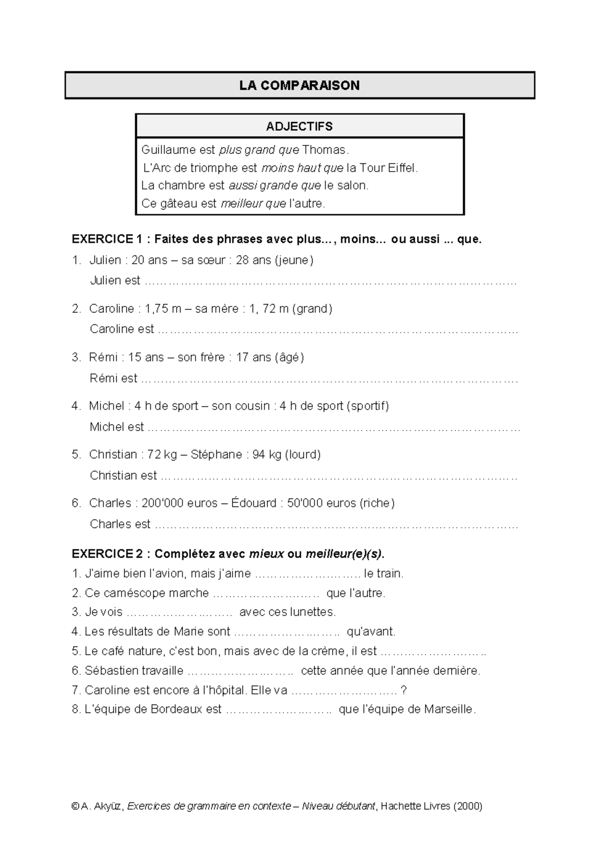 Comparaison des Adjectifs - Exercices de Grammaire (Niveau Débutant ...