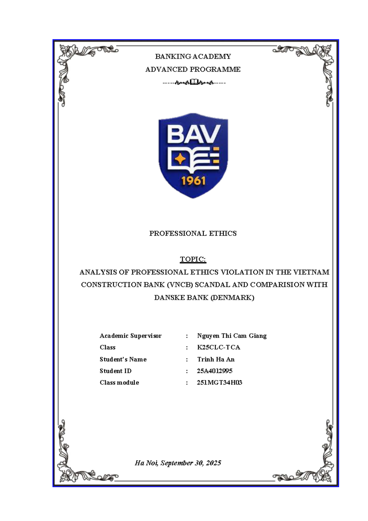 25MGT34H03: Analysis of Professional Ethics Violations in VNCB & Danske ...