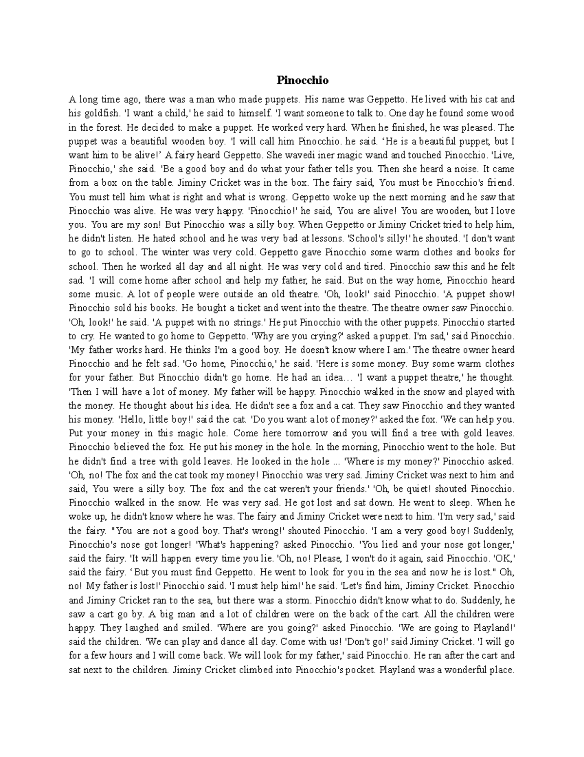 Pinocchio - A Reading Adventure for Kids - Studocu