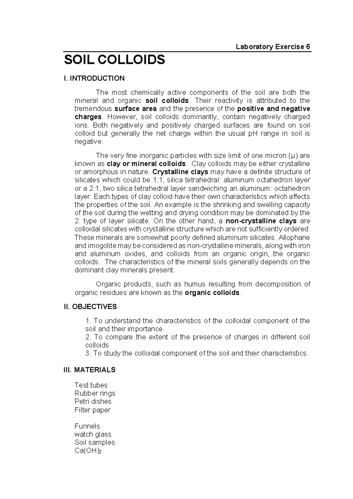 Laboratory Exercise 6: Understanding Soil Colloids and Their Properties ...