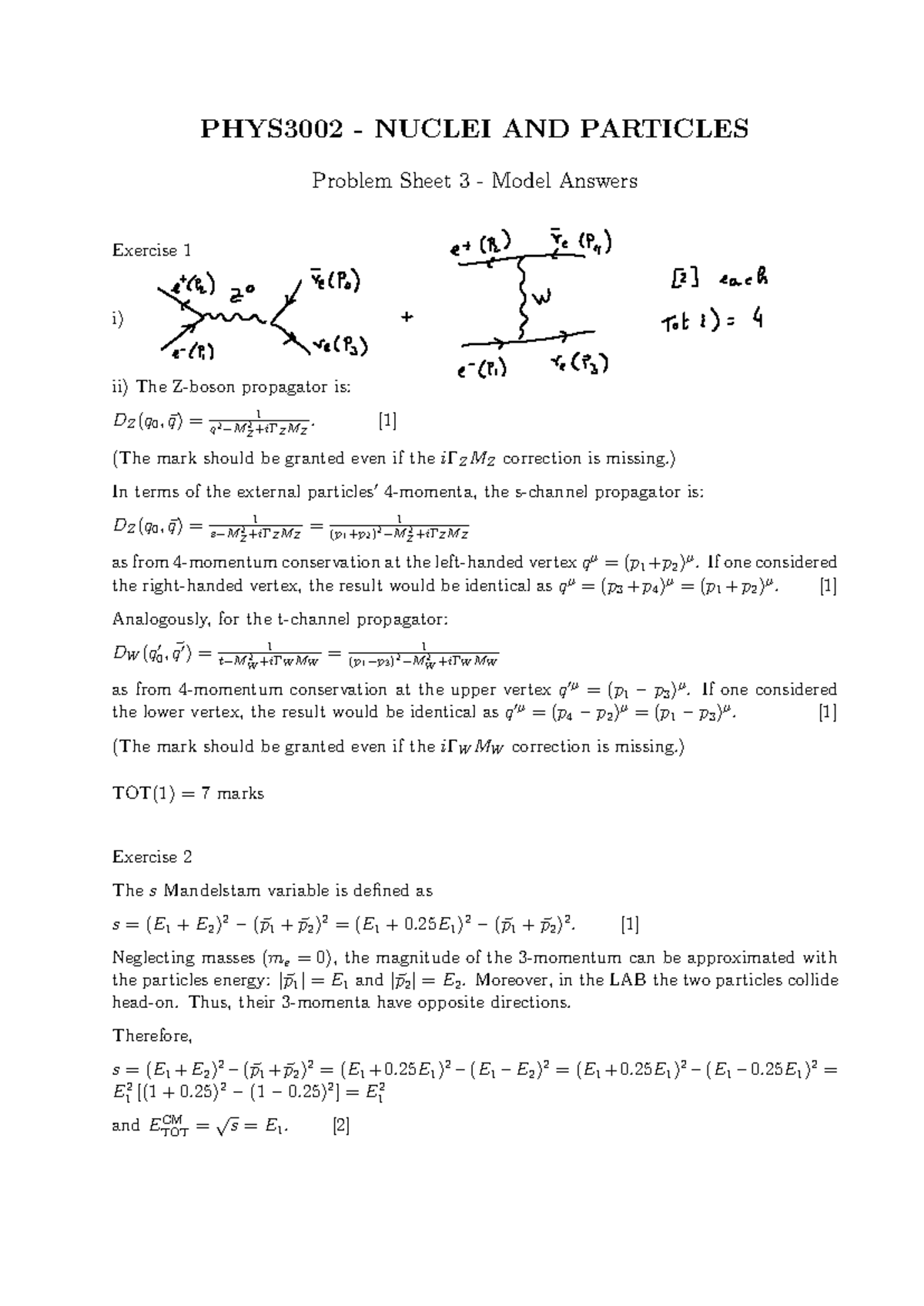 PHYS3002 NUCLEI AND PARTICLES Problem Sheet 3 Model Answers - Studocu