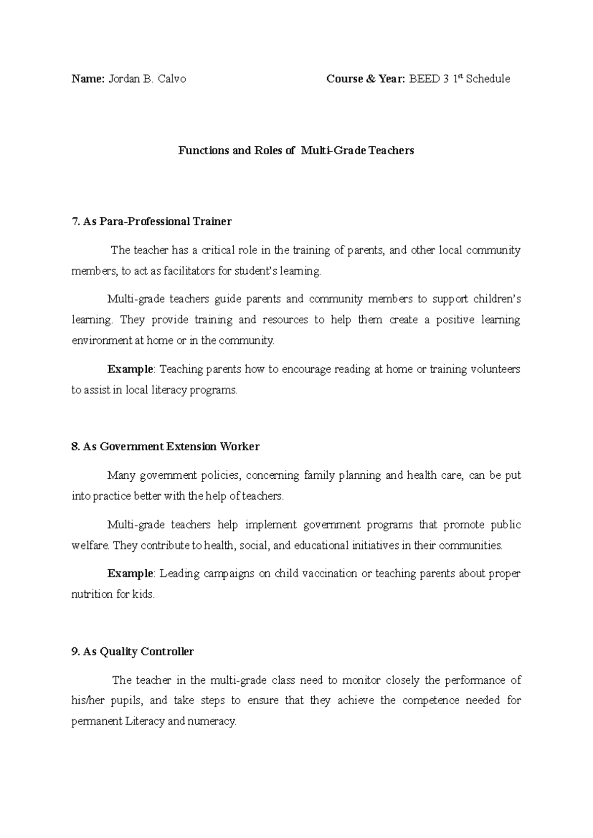 Calvo - Hhhu - Name: Jordan B. Calvo Course & Year: BEED 3 1st Schedule ...