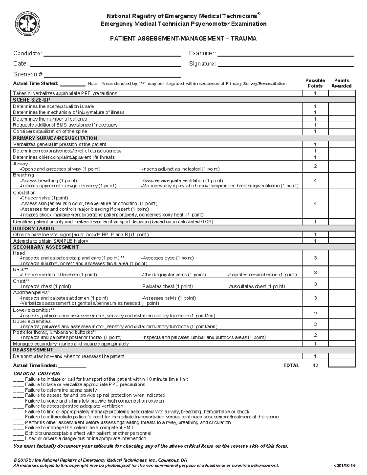 NREMT Psychomotor Exam Skills Sheets - Patient Assessment & Management ...