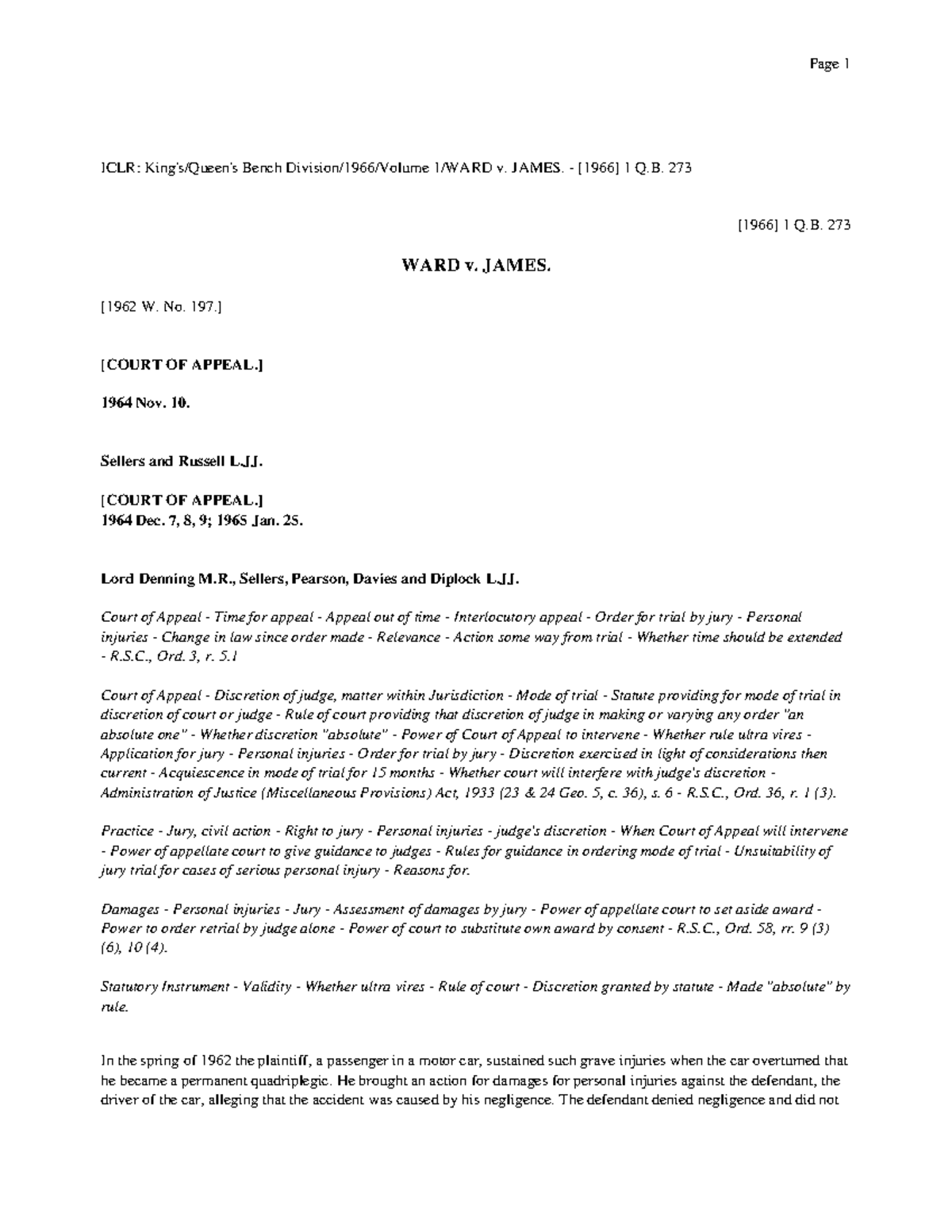 Court of Appeal Judgment Analysis: WARD v. JAMES [1966] 1 Q.B. 273 ...