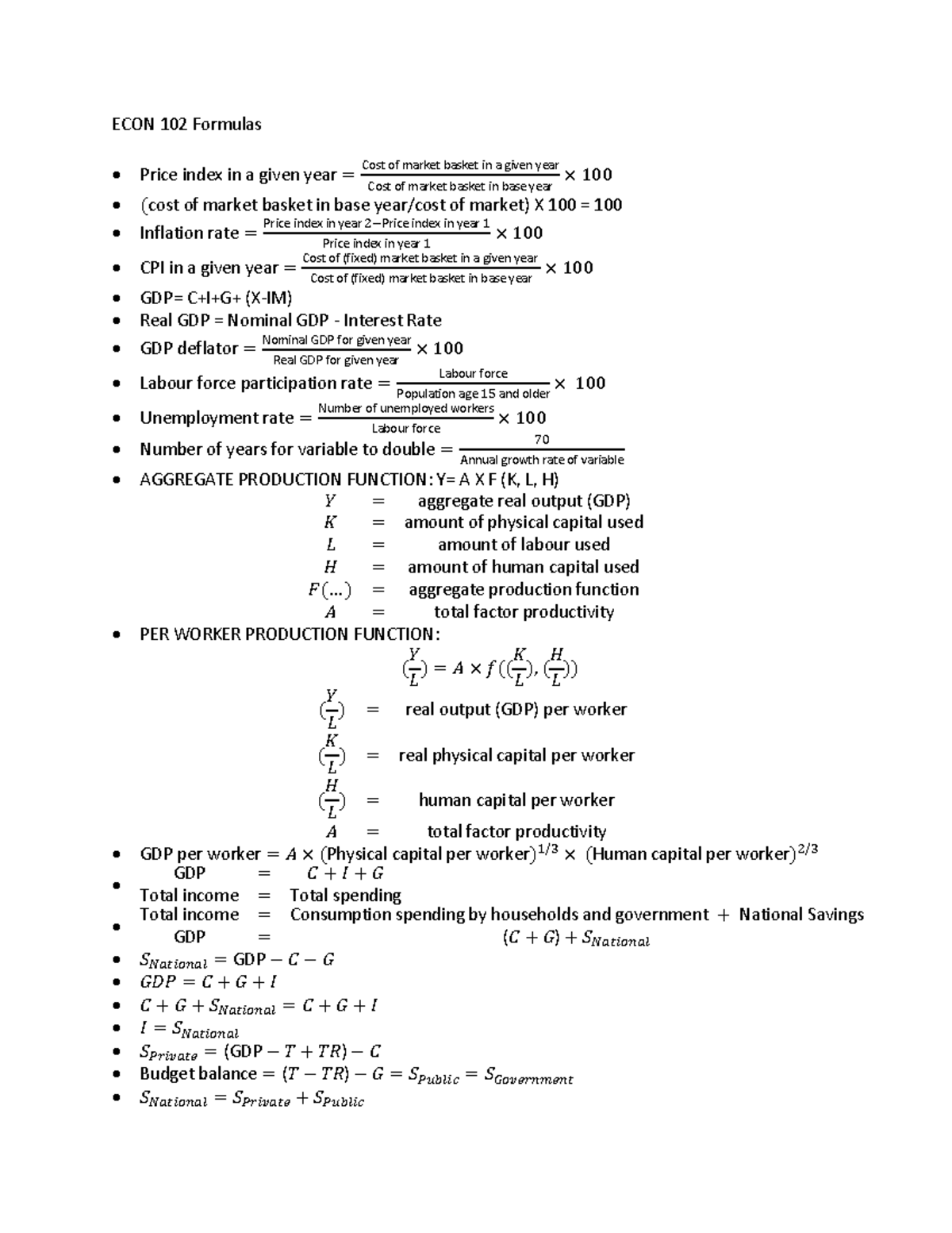 Econ 102 Key Formulas and Concepts for Exam Preparation - Studocu