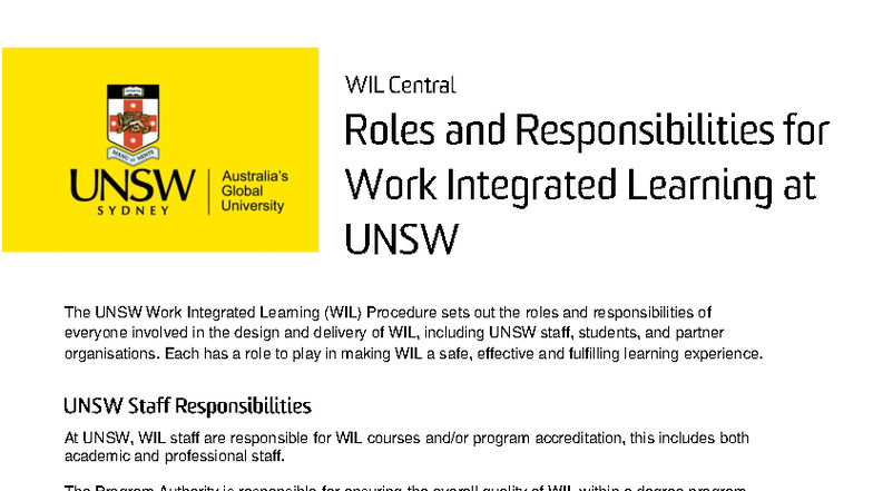 Roles and Responsibilities for WIL at UNSW: A Comprehensive Guide - Studocu