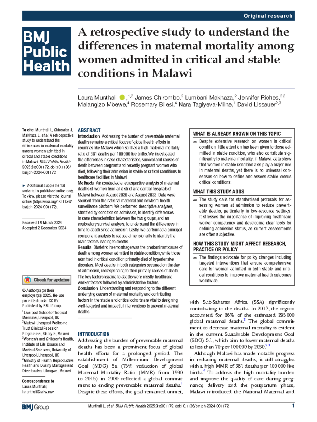 Maternal Mortality in Malawi: A Retrospective Study on Admission ...