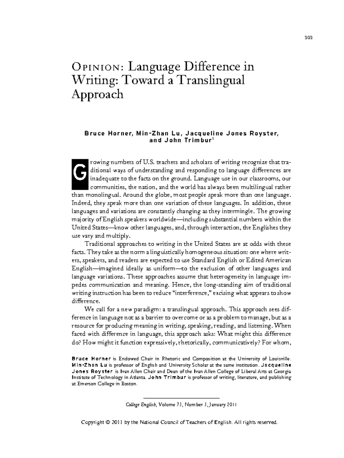 Language Difference in Writing 303: A Translingual Approach - Studocu