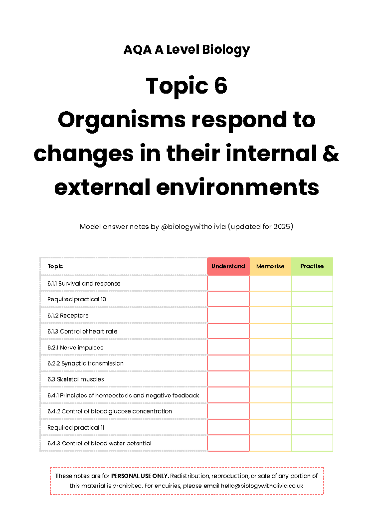 AQA A Level Biology Topic 6: Organisms' Responses to Environmental Changes - Studocu