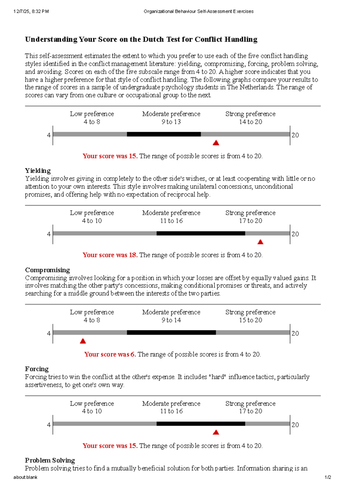 Organizational Behaviour Exercises: Dutch Test Conflict Handling Scores ...