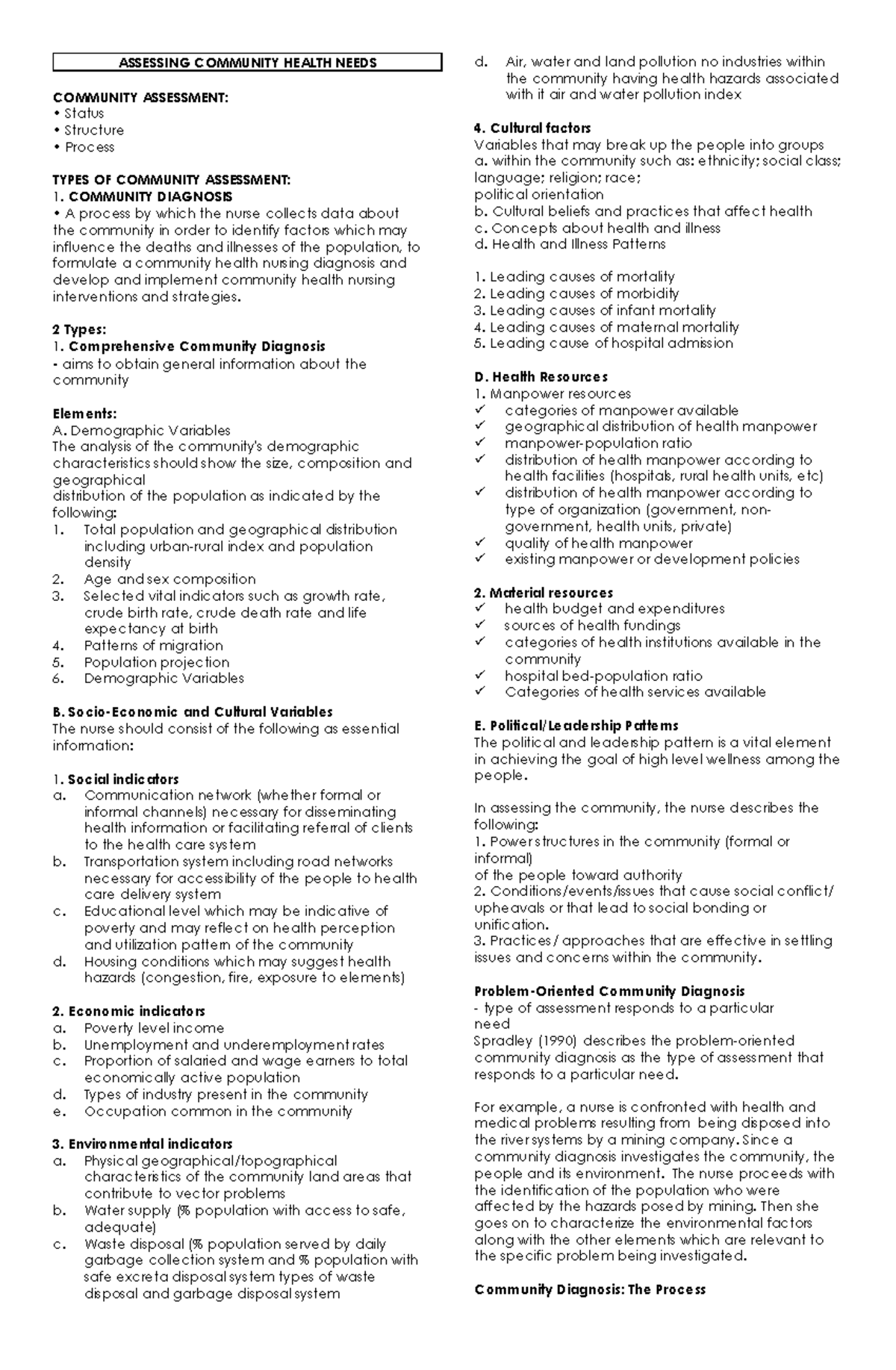 COMMUNITY HEALTH NEEDS ASSESSMENT: LECTURE 2 - COMMUNITY DX - Studocu