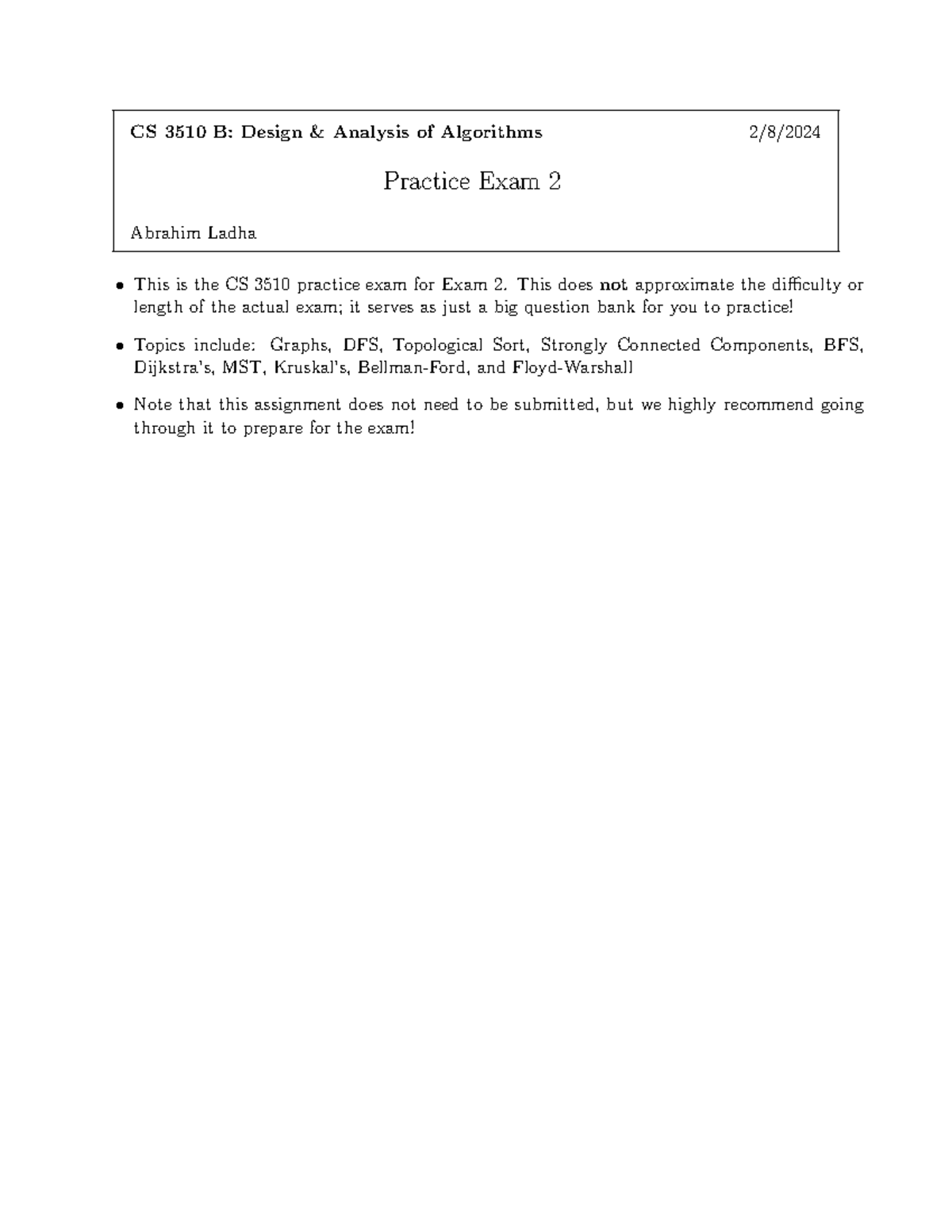 CS 3510 Practice Exam 2: Algorithms on Graphs & MST Concepts - Studocu
